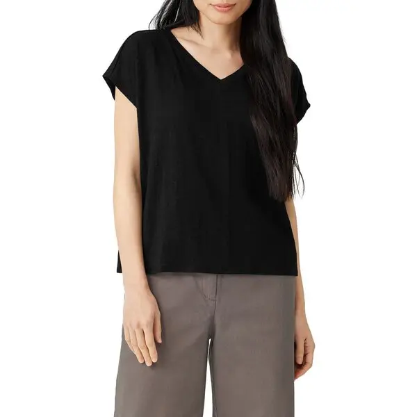 Eileen Fisher V-neck Organic Linen T-shirt - Black
