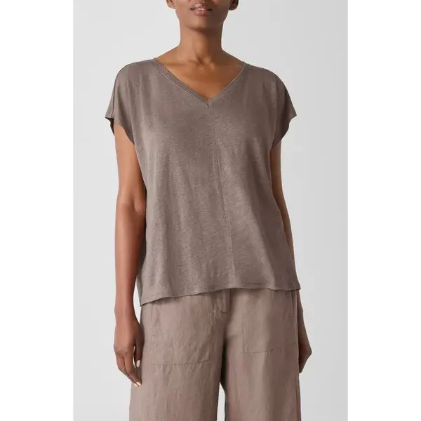 Eileen Fisher V-neck Organic Linen T-shirt - Cocoa