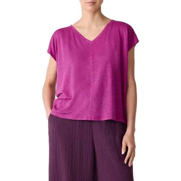 Eileen Fisher V-neck Organic Linen T-shirt - Grape