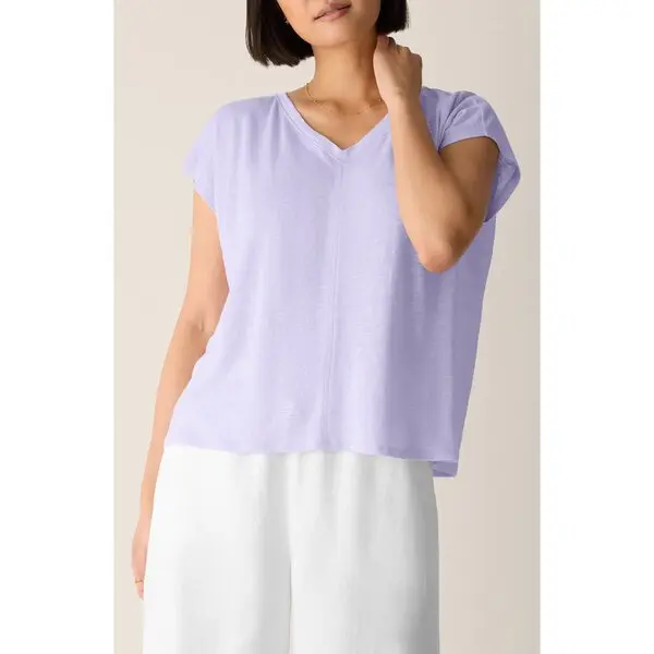 Eileen Fisher V-neck Organic Linen T-shirt - Lilac Frost