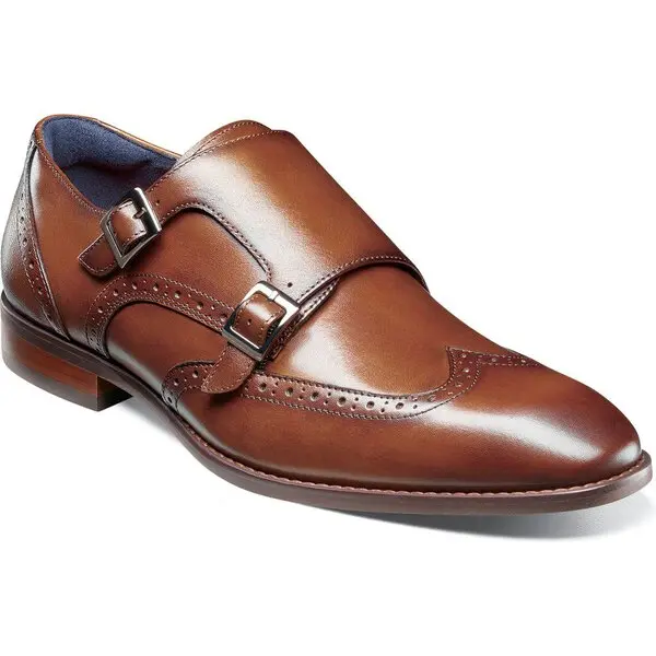 STACY ADAMS Karson Wingtip Double Monk Strap Shoe - Cognac