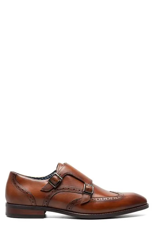 STACY ADAMS Karson Wingtip Double Monk Strap Shoe - Cognac