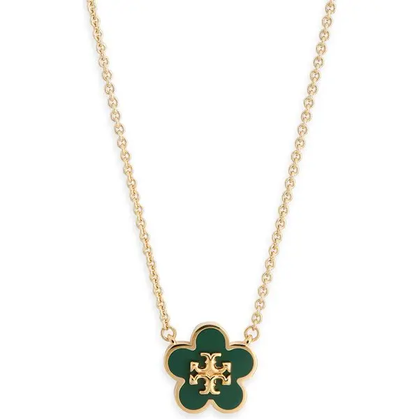 Tory Burch Forget Me Not Enamel Pendant Necklace - Tory Gold/dark Kale