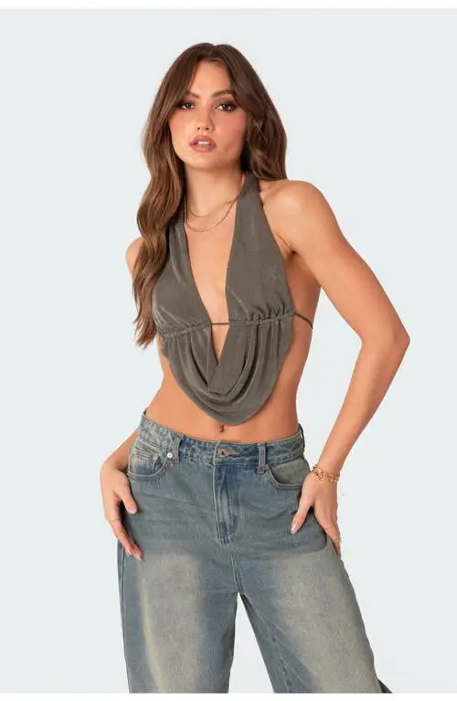EDIKTED Plunge Cowl Halter Neck Crop Top - Olive