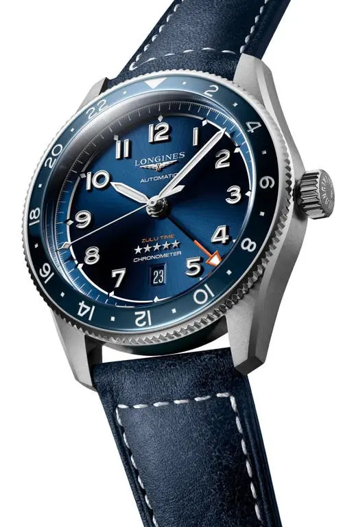 LONGINES Spirit Zulu Time Leather Strap Watch - Blue