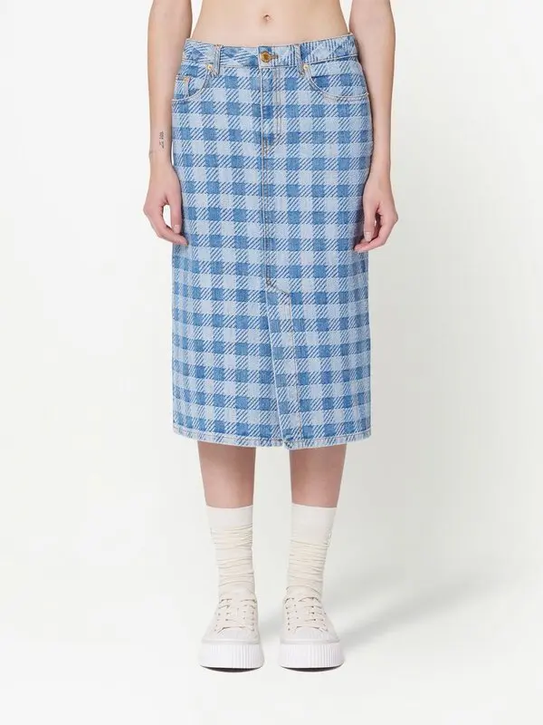 AMI Paris Gingham Denim Pencil Skirt