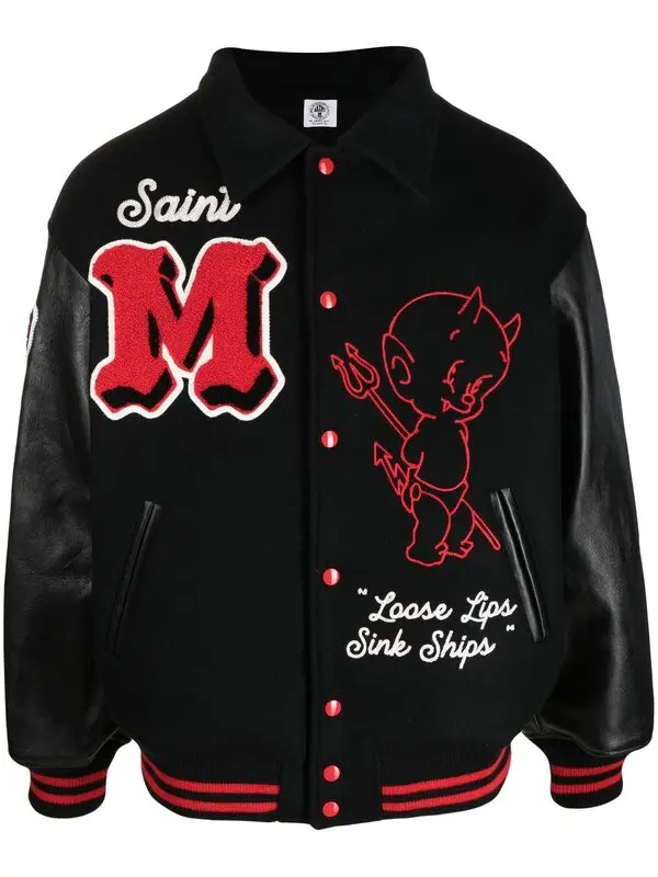 SAINT MXXXXXX Slogan Print Varsity Jacket - Black