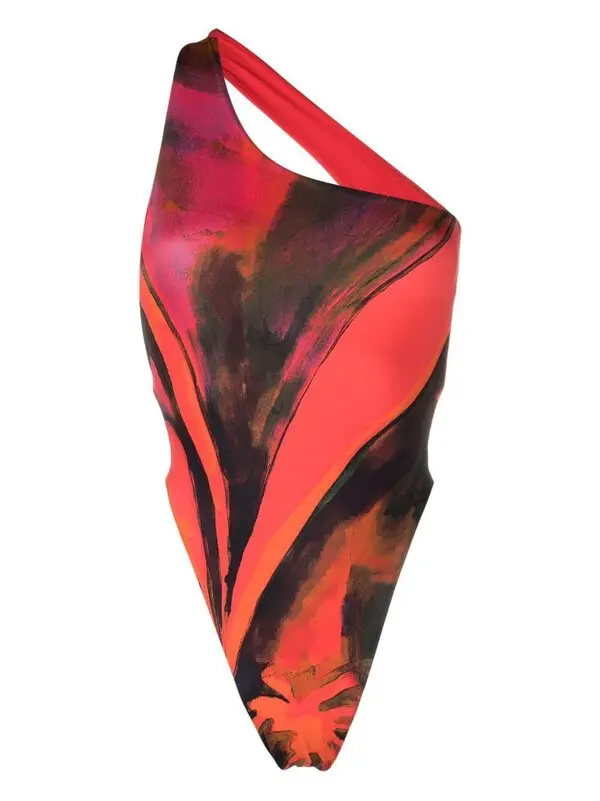 LOUISA BALLOU Queen's Gambit-print One-shoulder Swimsuit - Orange