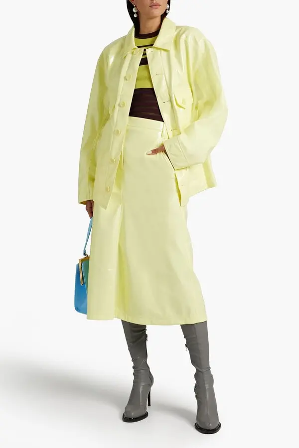 Tibi Faux Patent-Leather Midi Skirt In Pastel Yellow 85% Off