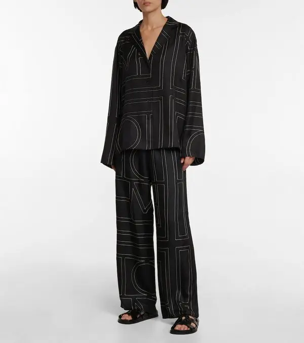 TOTEME Logo Wide-leg Silk Pants - Black