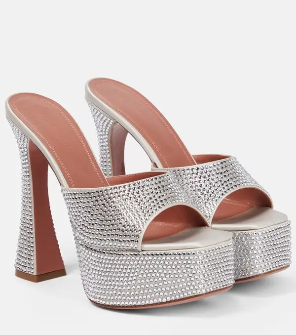 Amina Muaddi Dalida Embellished Platform Mules - Silver