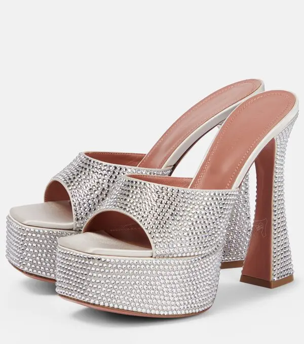 Amina Muaddi Dalida Embellished Platform Mules - Silver