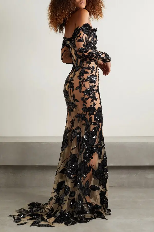 Oscar De La Renta Off-The-Shoulder Sequin-Embellished Tulle Gown - Black |  Editorialist