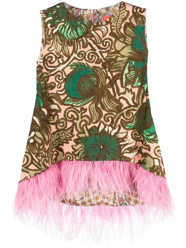 La DoubleJ Painterly-print Feather-trim Top - Green