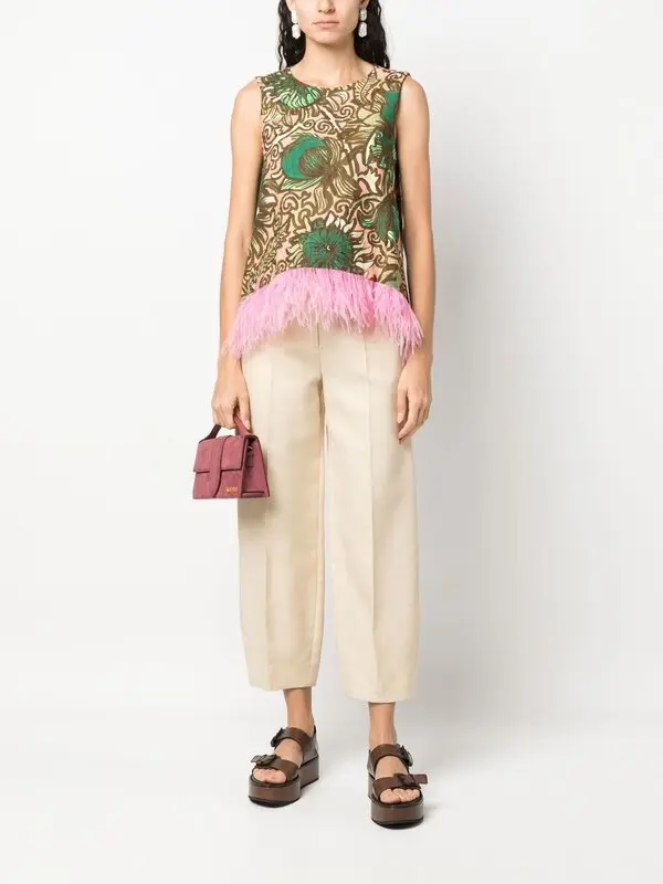 La DoubleJ Painterly-print Feather-trim Top - Green