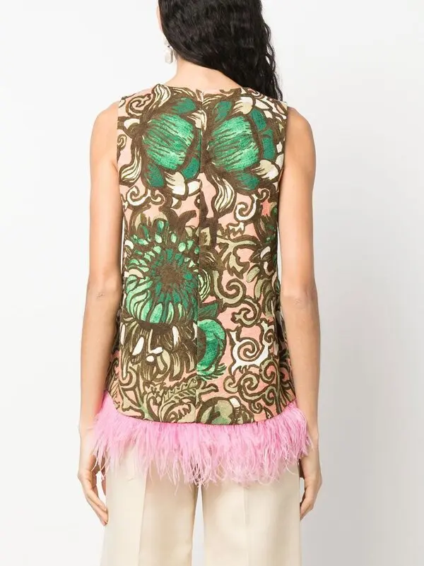 La DoubleJ Painterly-print Feather-trim Top - Green