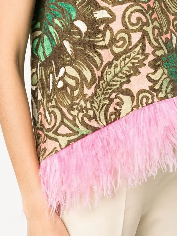 La DoubleJ Painterly-print Feather-trim Top - Green