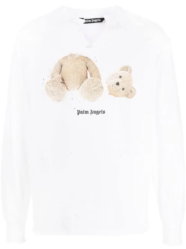 Palm Angels Bear-print Distressed-effect T-shirt - White