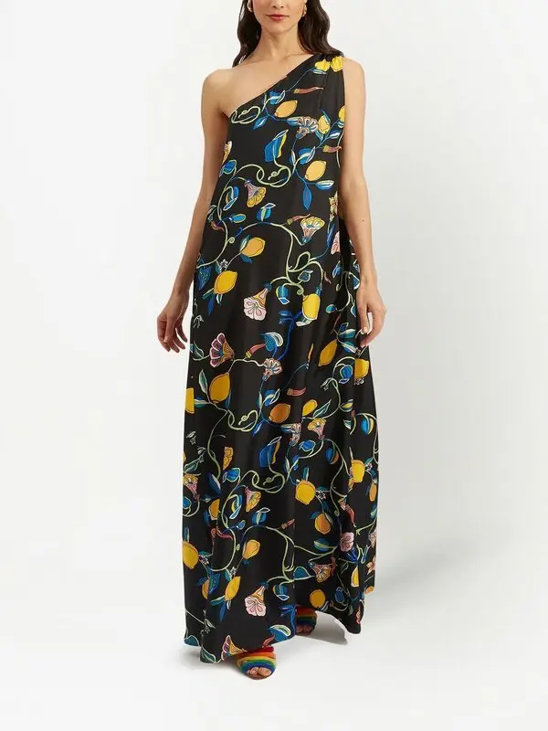 La DoubleJ One-shoulder Graphic Print Maxi Dress - Black