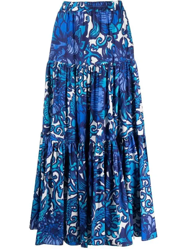 La DoubleJ Graphic-print Tiered Skirt - Blue