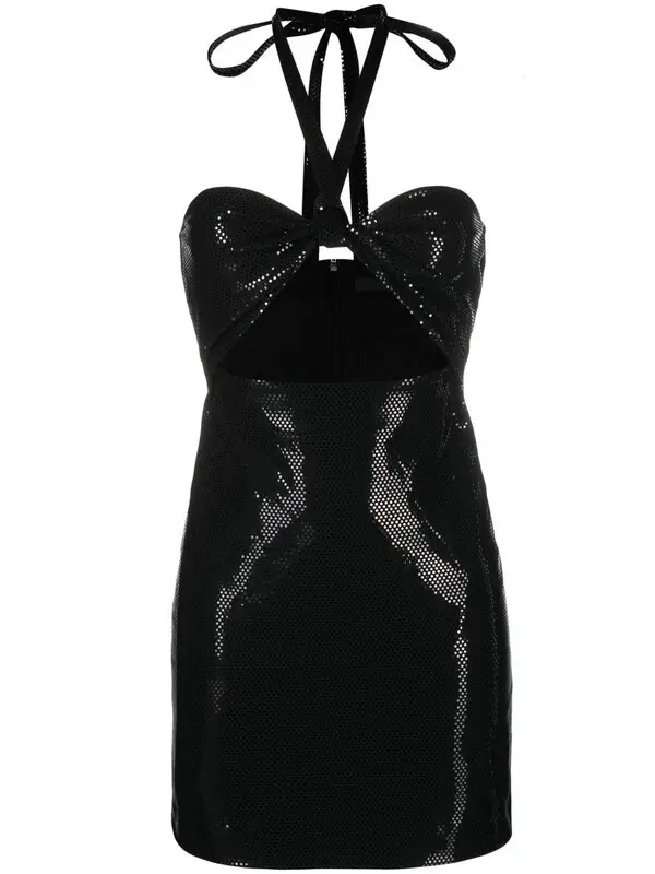 ROTATE BY BIRGER CHRISTENSEN Foil Jersey Halterneck Minidress