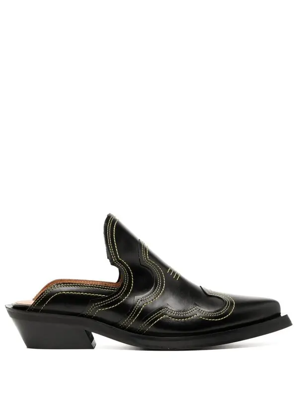 GANNI Embroidered Western Mules - Black