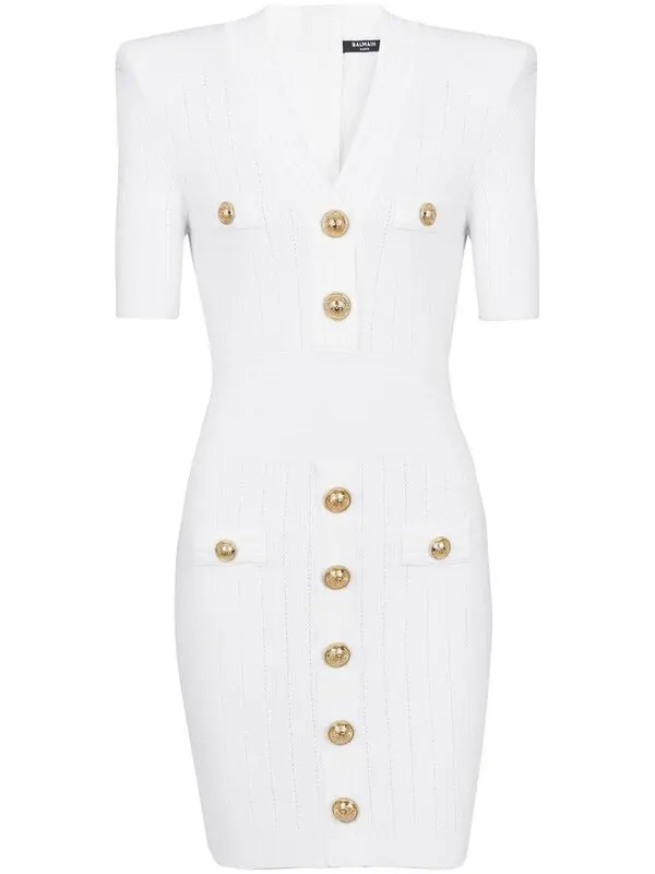 Balmain Knitted Mini Dress With Gold-tone Buttons - White