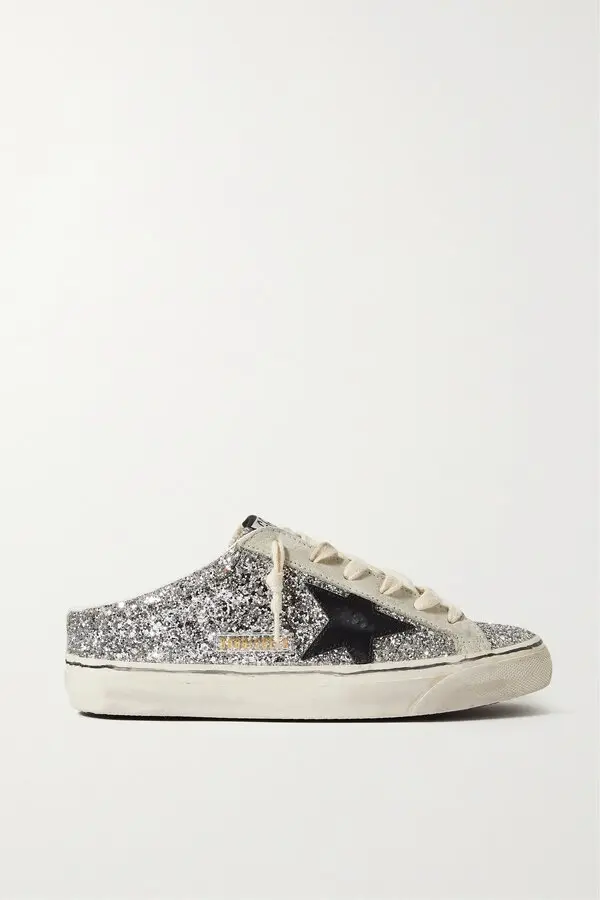 GOLDEN GOOSE Super-star Sabot Distressed Glittered Slip-on Sneakers - Silver