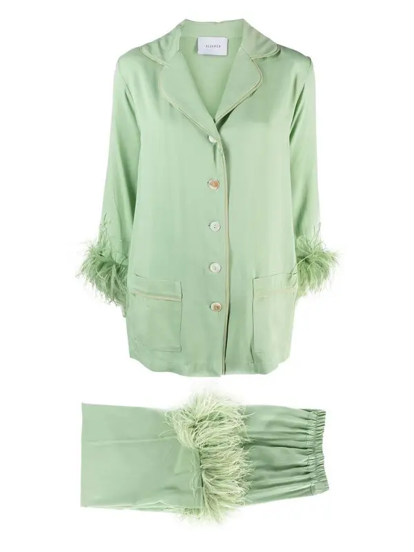 Sleeper Party Feather-embellished Pajama Set - Green