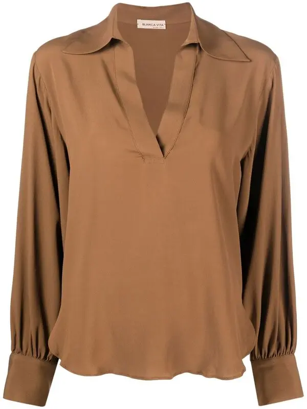 BLANCA VITA V-neck Draped Blouse - Brown