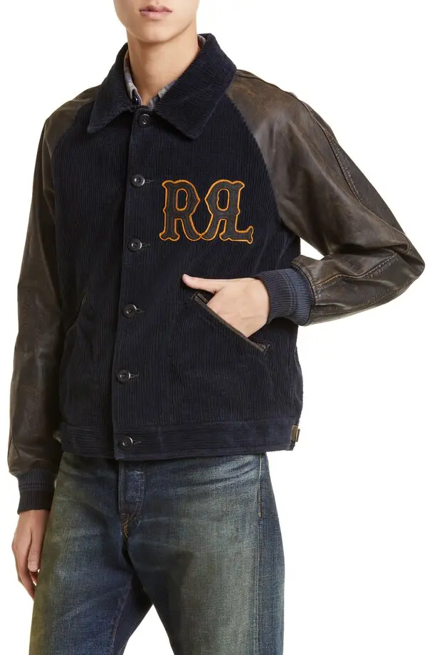 Double Rl Logo Leather Sleeve Corduroy Varsity Jacket