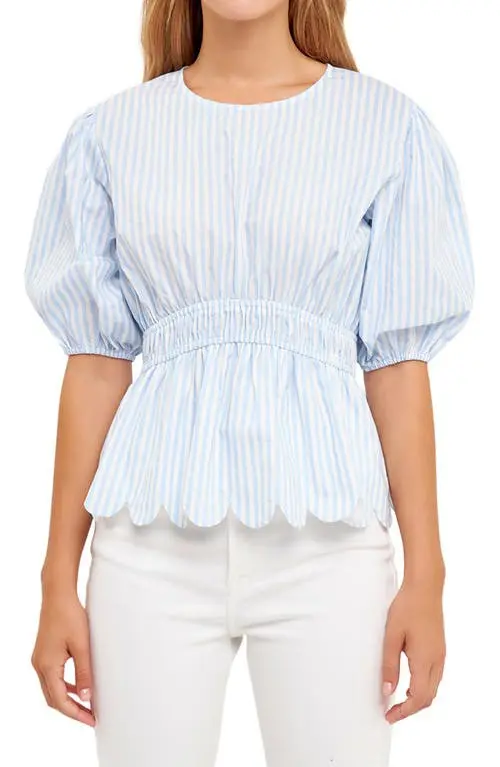 English Factory Striped Puff Sleeve Peplum Top - Blue Stripes