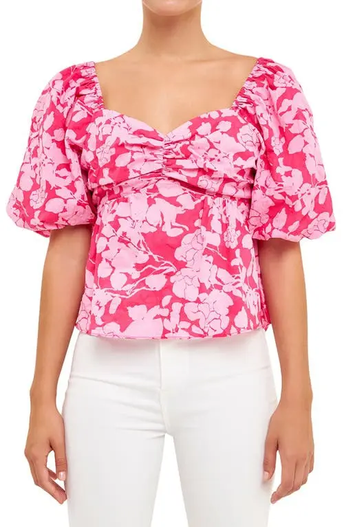 FREE THE ROSES Floral Puff Sleeve Blouse - Red/pink