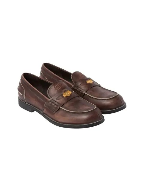 靴 Vintage MiuMiu Loafers 37 Miu Miu Vintage-Effect Leather Penny Loafers - Ebony