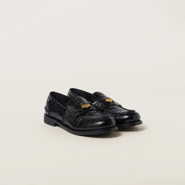 Miu Miu Croco-Print Leather Penny Loafers - Black | Editorialist
