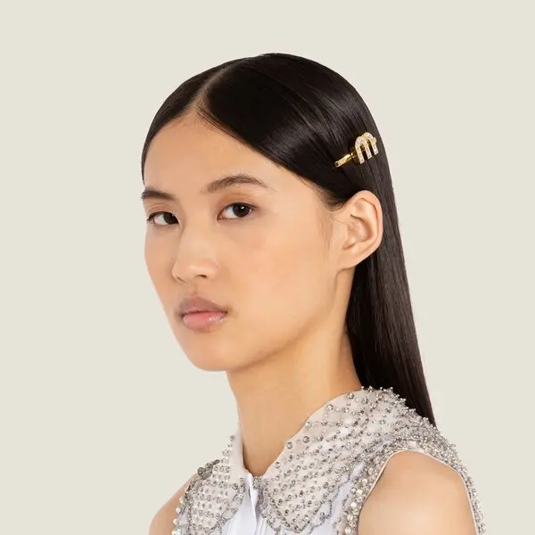 Miu Miu Gold Crystal Logo Hair Clip Miu Miu Hair clip Barrette 5IF2182DTUF0056 Gold Plated NEW  main image 3
