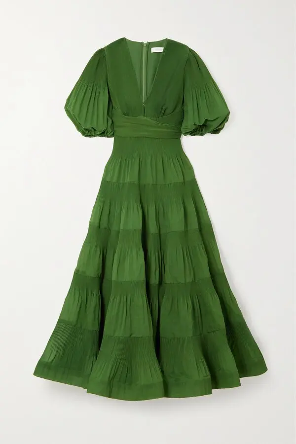 Zimmermann Pleated Tiered Twill Midi Dress