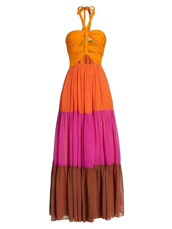 Farm Rio Colorblocked Halter Maxi Dress In Orange Deep Orange Pink Brown -  63% Off | Editorialist
