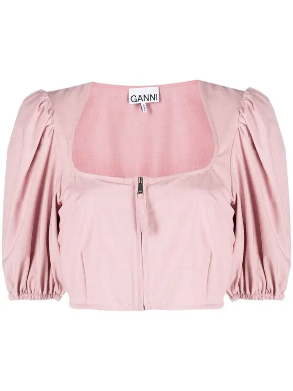 GANNI Cropped Puff-sleeve Blouse - Pink