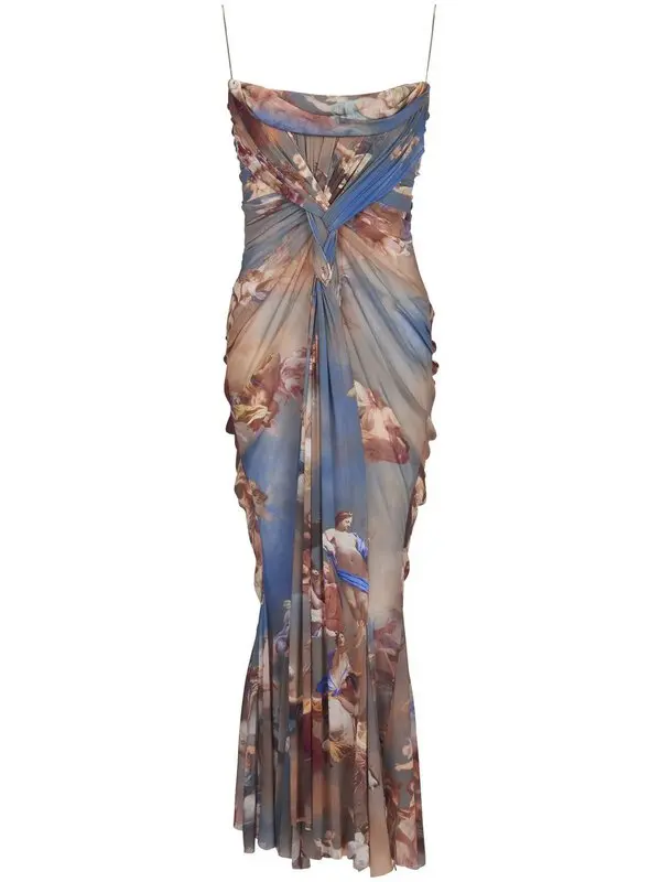 Balmain Sky-print Tulle Maxi Dress - Brown