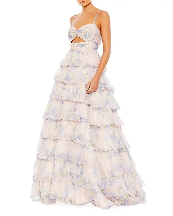 Mac Duggal Floral Cut Out Ruffle Layered Gown - Violet Multi