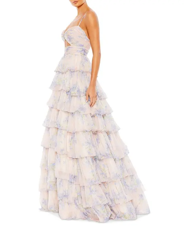 Mac Duggal Floral Cut Out Ruffle Layered Gown - Violet Multi