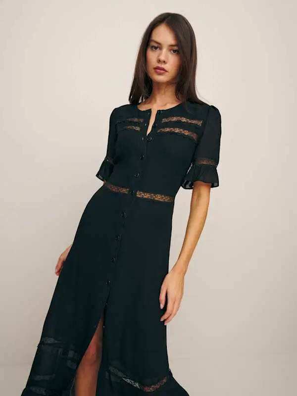 REFORMATION Woodson Lace Midi Dress - Black