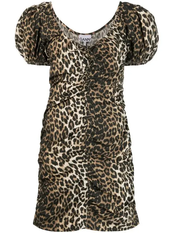 GANNI Leopard-print Organic Cotton Dress - Brown
