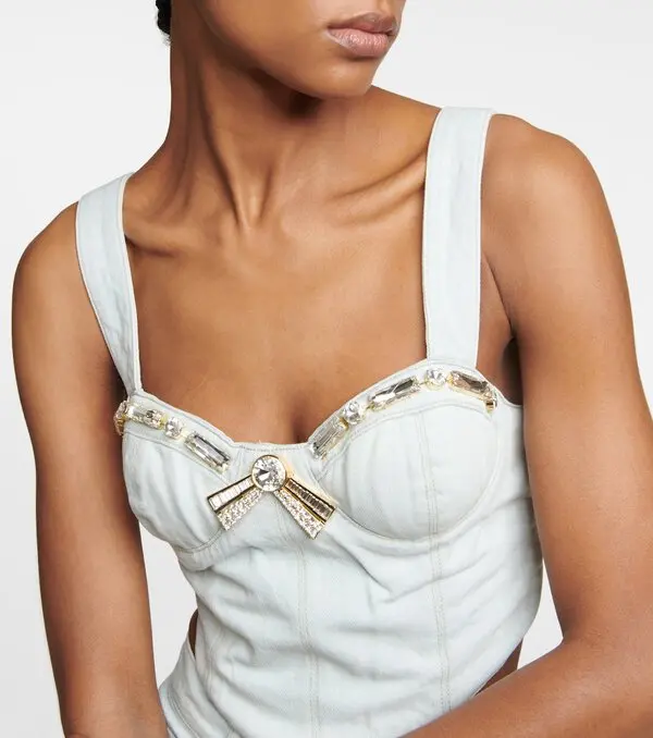 AREA Crystal-embellished Denim Crop Top