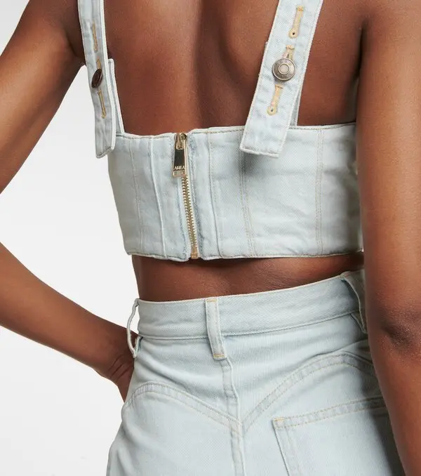 AREA Crystal-embellished Denim Crop Top