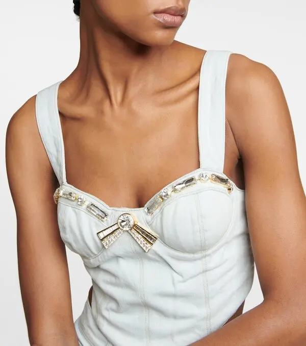 AREA Crystal-embellished Denim Crop Top