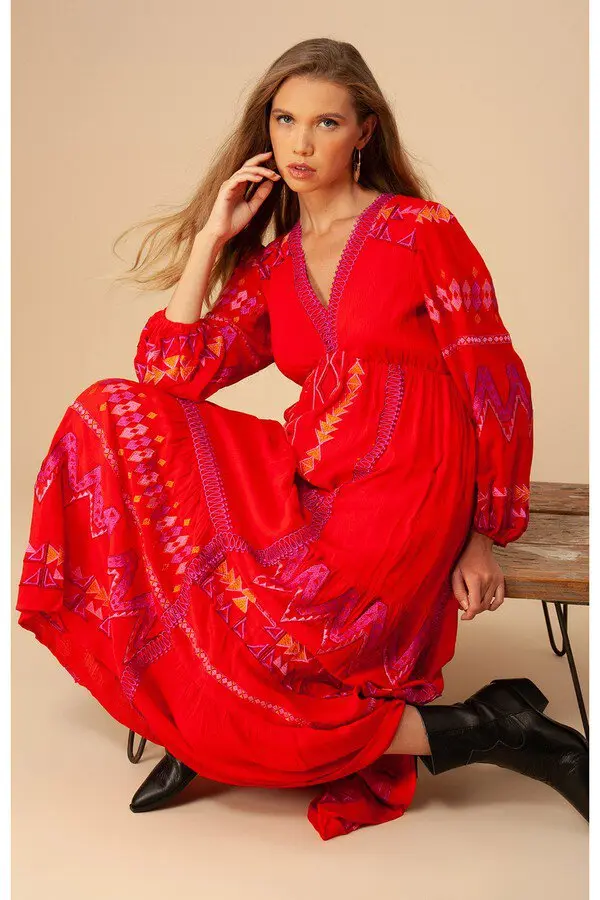 Hale Bob Fallin Embroidered Maxi Dress - Orange / Red