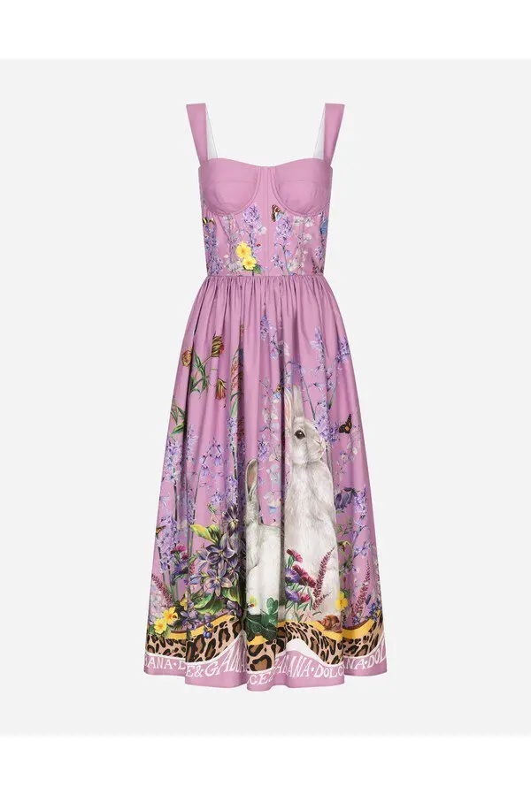 Dolce & Gabbana Calf-length Bustier Dress In Rabbit-print Poplin