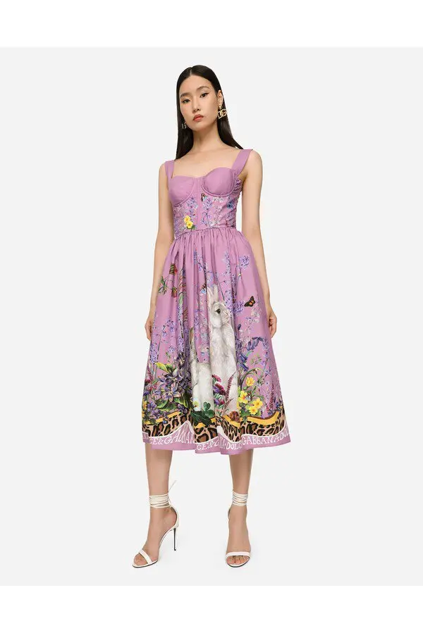 Dolce & Gabbana Calf-length Bustier Dress In Rabbit-print Poplin